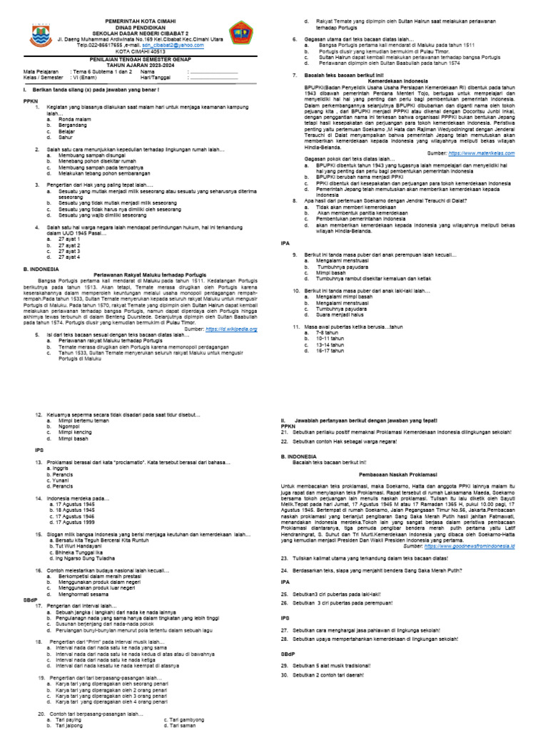 Soal PTS Kelas 6 Tema 6 Sub 1 Dan 2 | PDF