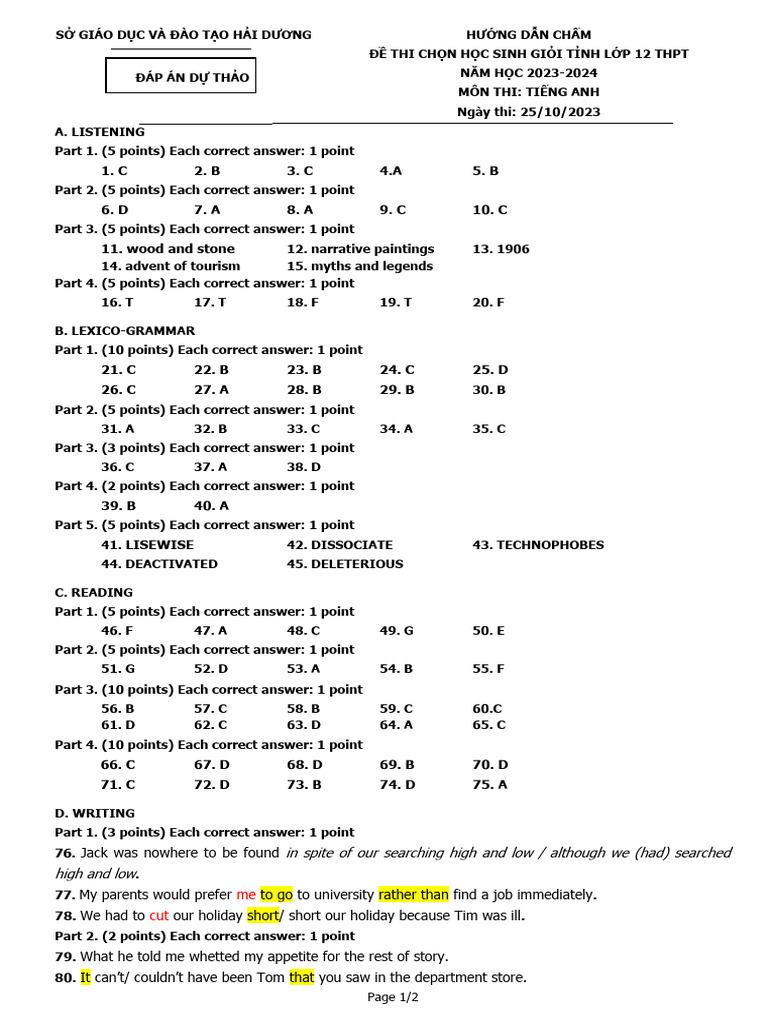 HSG 12 2023-2024 Dap An | PDF | Essays | Vocabulary