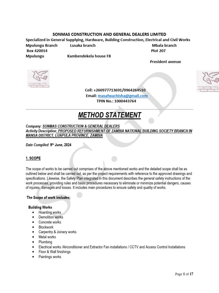 Method Statement - Mansa ZNBS | PDF | Concrete | Personal Protective ...