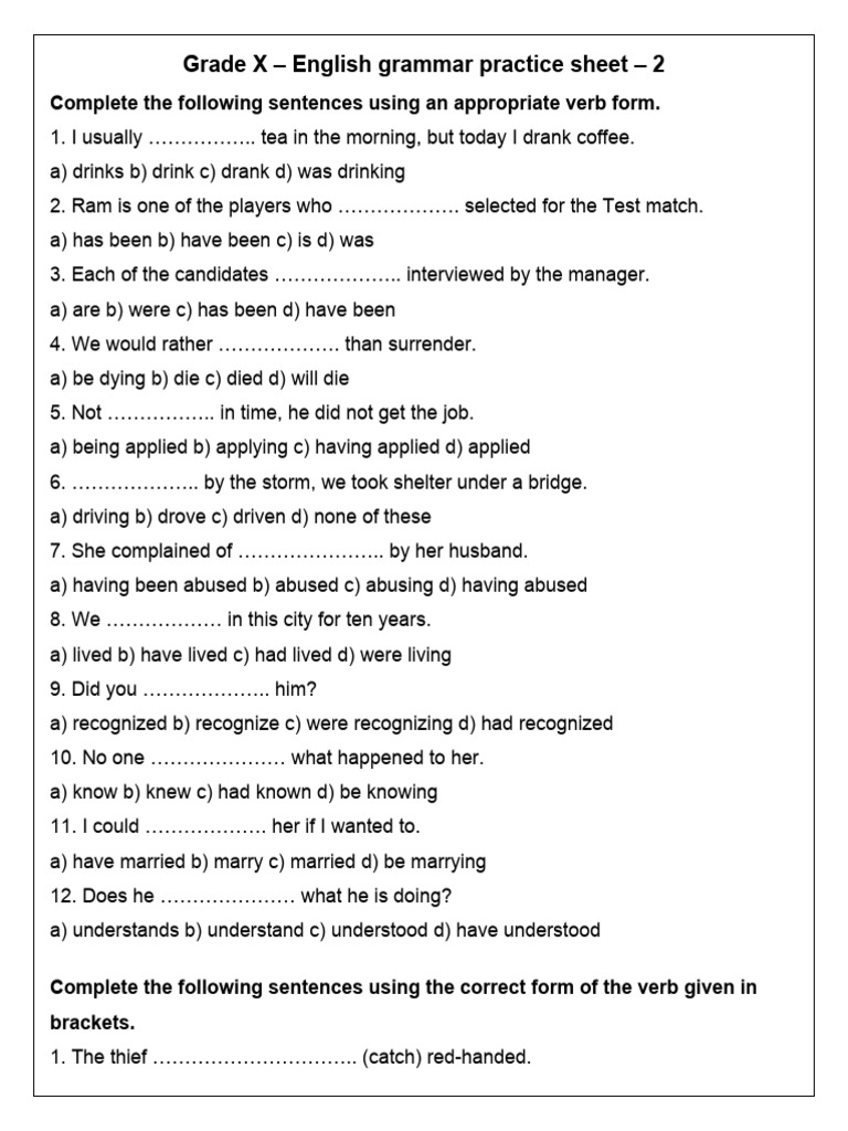 X - Grammar Practice Sheet - 2 | PDF