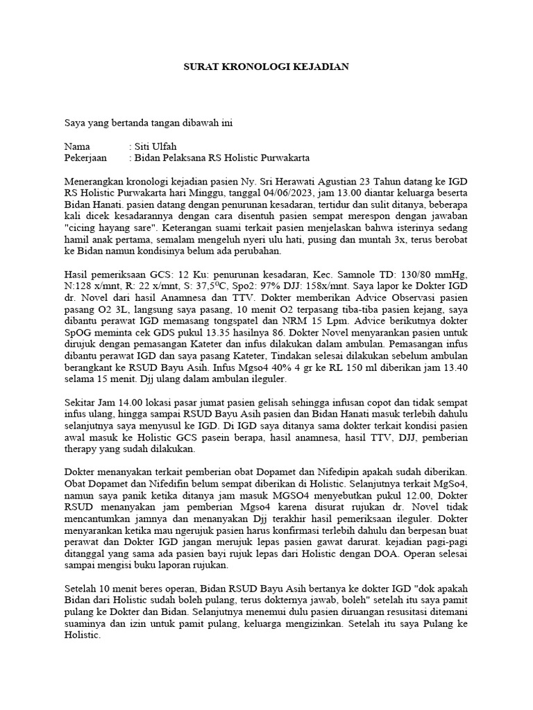 Surat Kronologi Kejadian Pasien IGD | PDF