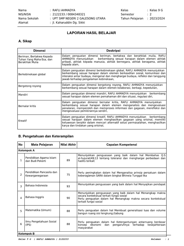 Rapor - K13 - RAFLI AHMADYA-1 | PDF
