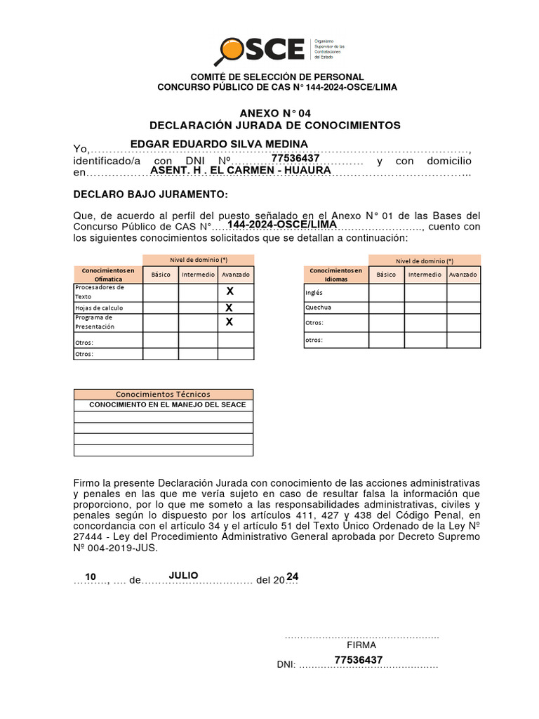 Anexo N 04 Declaracion Jurada de Conocimientos | PDF | Justicia | Crimen y violencia