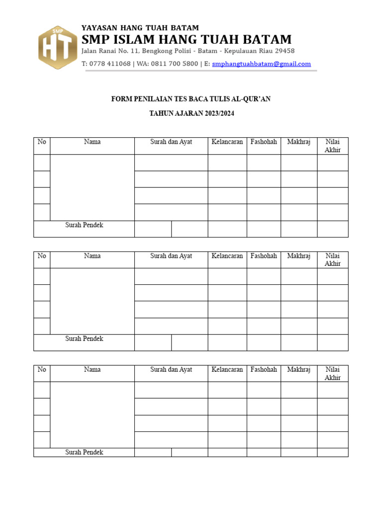 FORM PENILAIAN Baca Tes Alquran | PDF