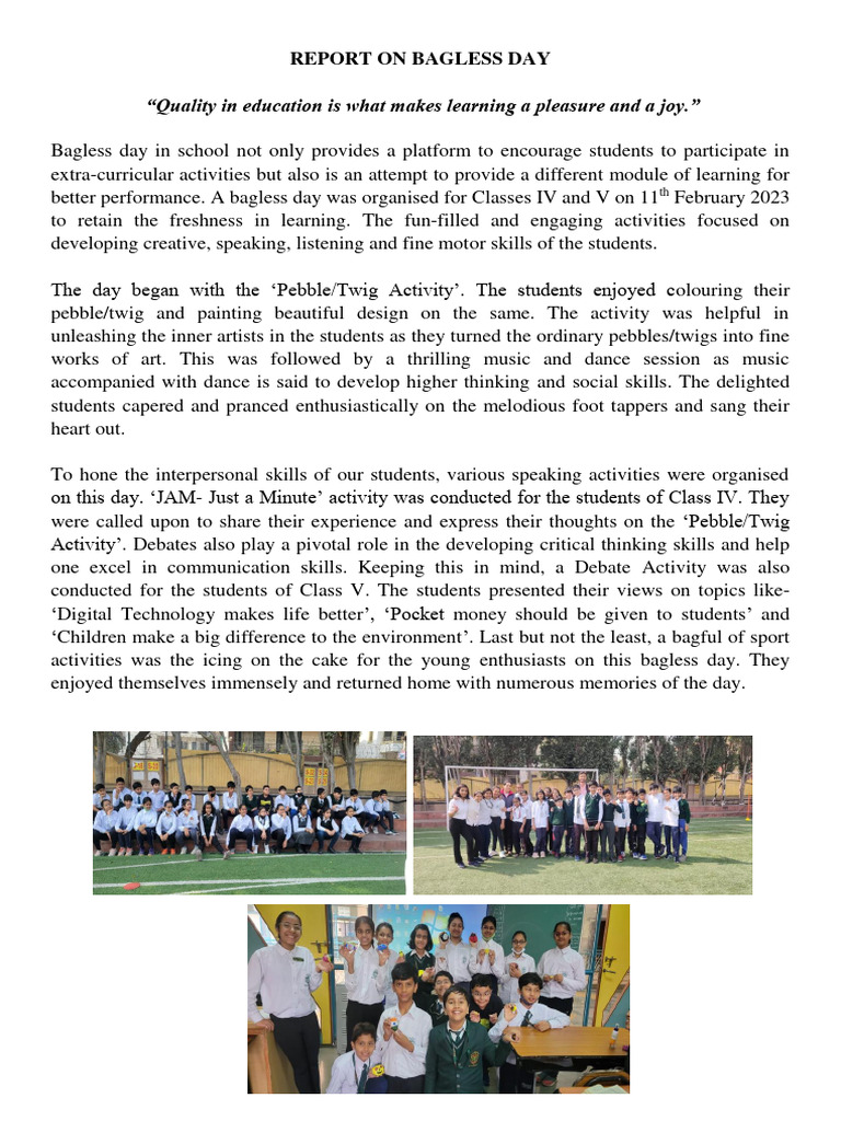 Bagless Day Activities for Classes IV-V | PDF | Wellness