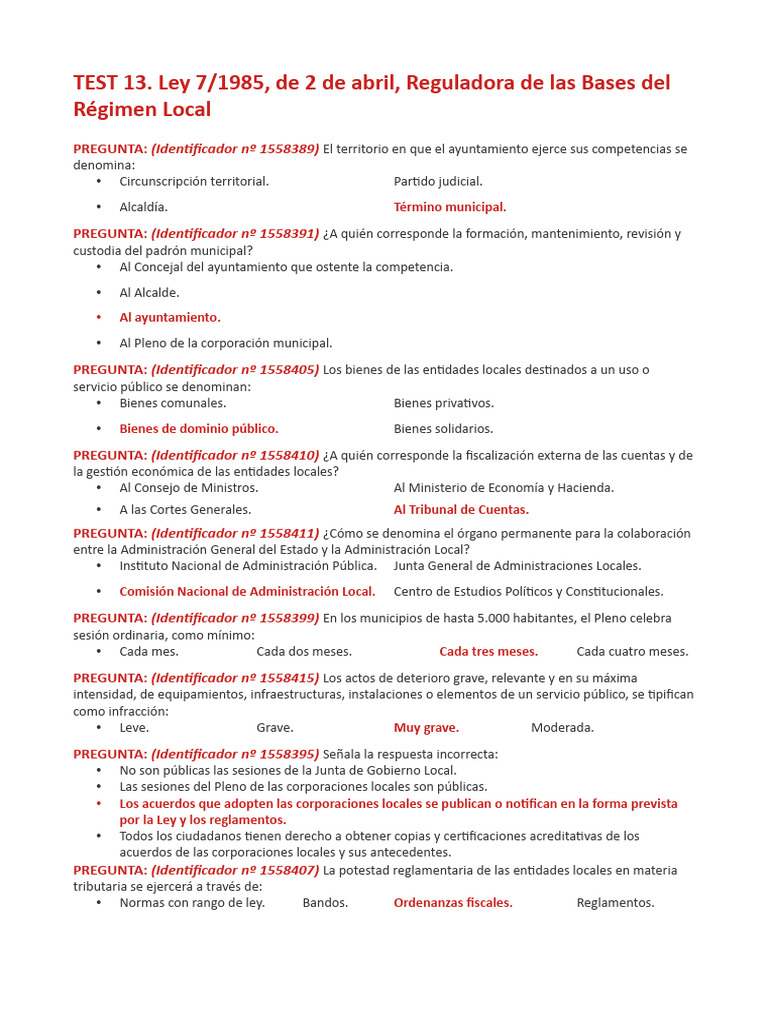 Test Tema 13. Ley 7 1985, de 2 de Abril, Reguladora de Las Bases Del ...