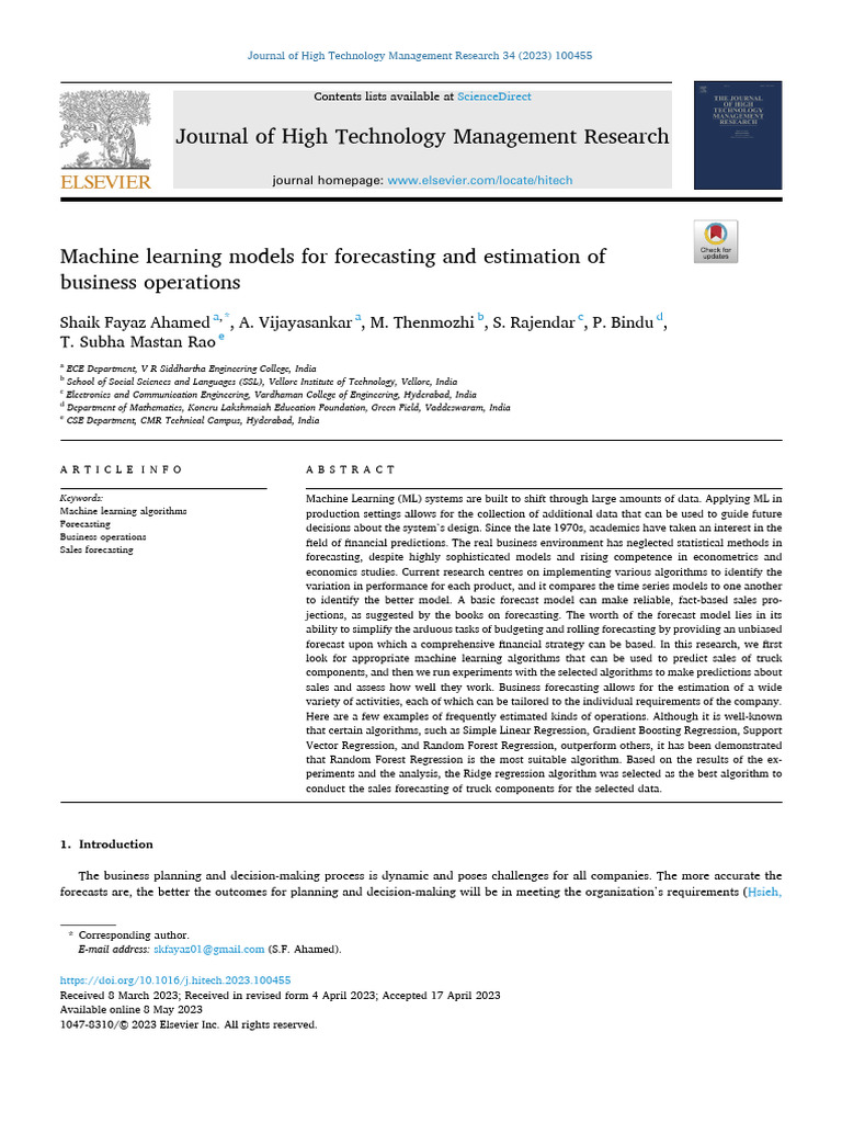 Machine Learning Models For Forecasting And Estimation Of Business