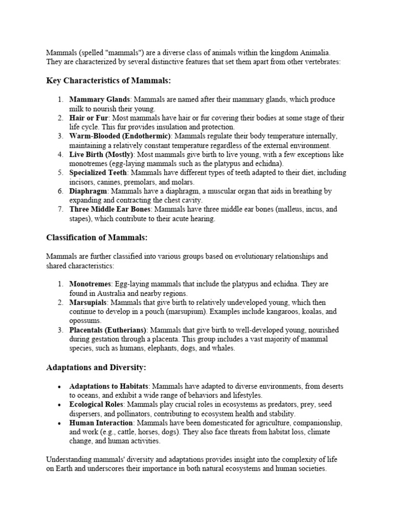 Key Characteristics of Mammals | PDF | Mammals | Zoology