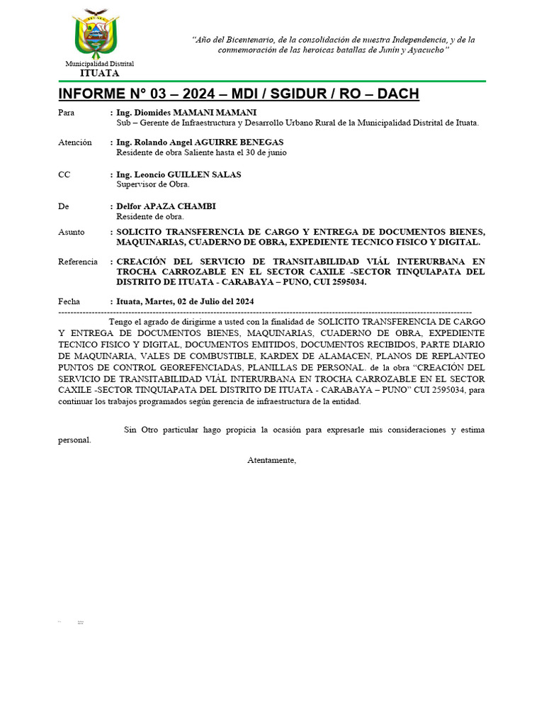Inf 003 Solicito Tranferencia de Cargo Del Ingeniero Residente Al 30 de Junio | PDF | Hogar ...