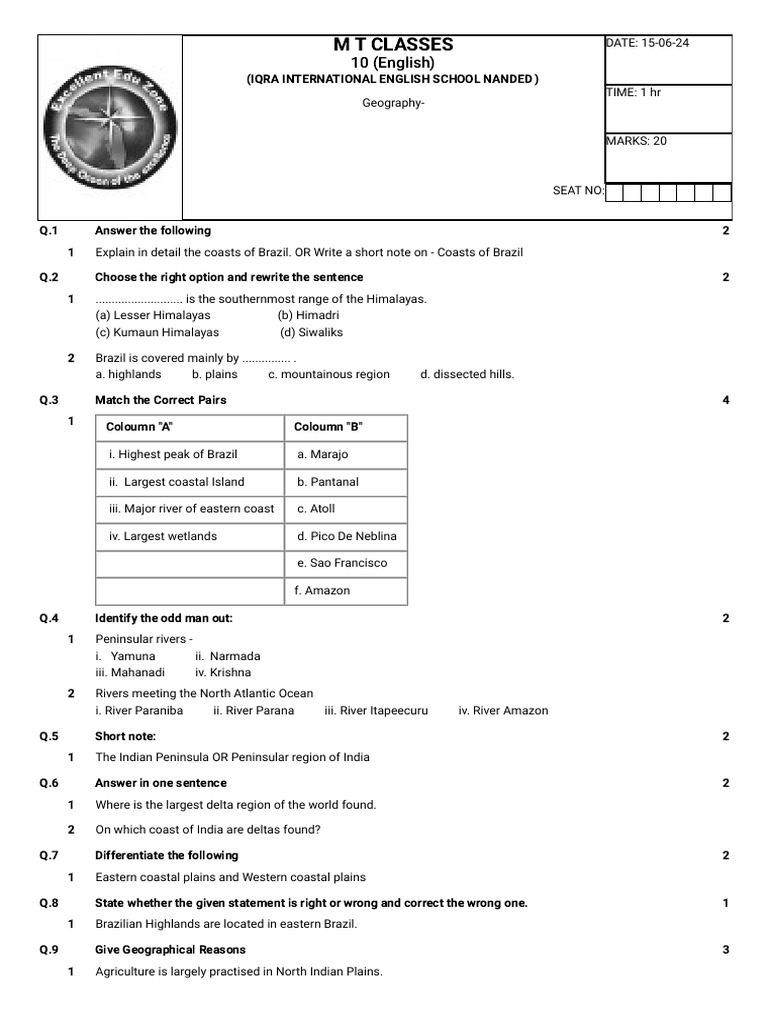 10th Geography Worksheet 2 | PDF | Brazil | Coastal And Oceanic Landforms