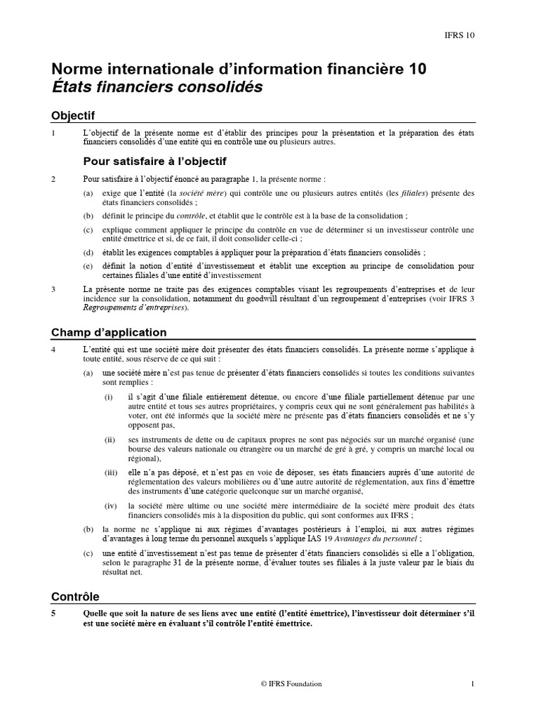 Contrôle et consolidation IFRS 10 | PDF | Normes internationales d ...