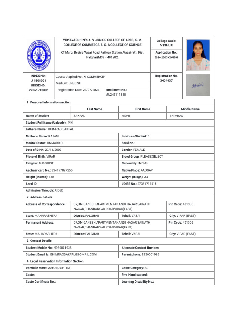 Nidhi Sakpal Vartak CLG Admission Form | PDF