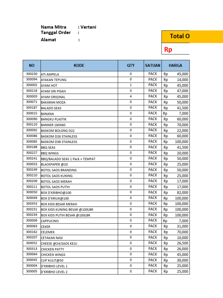 Form Orderan Mitra-2 | PDF | Indonesian Cuisine | Southeast Asian Cuisine