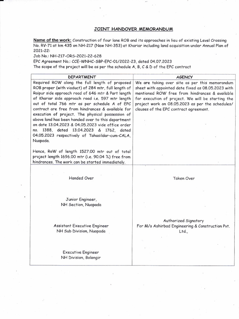 Joint Handover Memorandum for ROB Construction | PDF