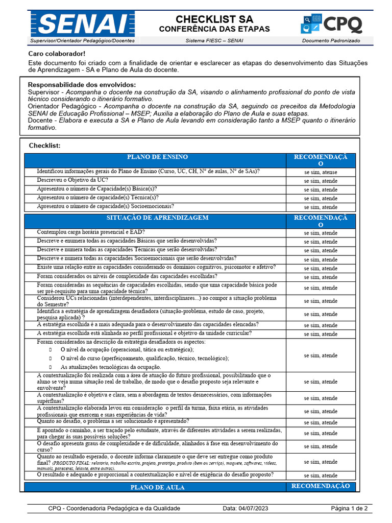 Checklist SA | PDF | Educação à distância | Pedagogia