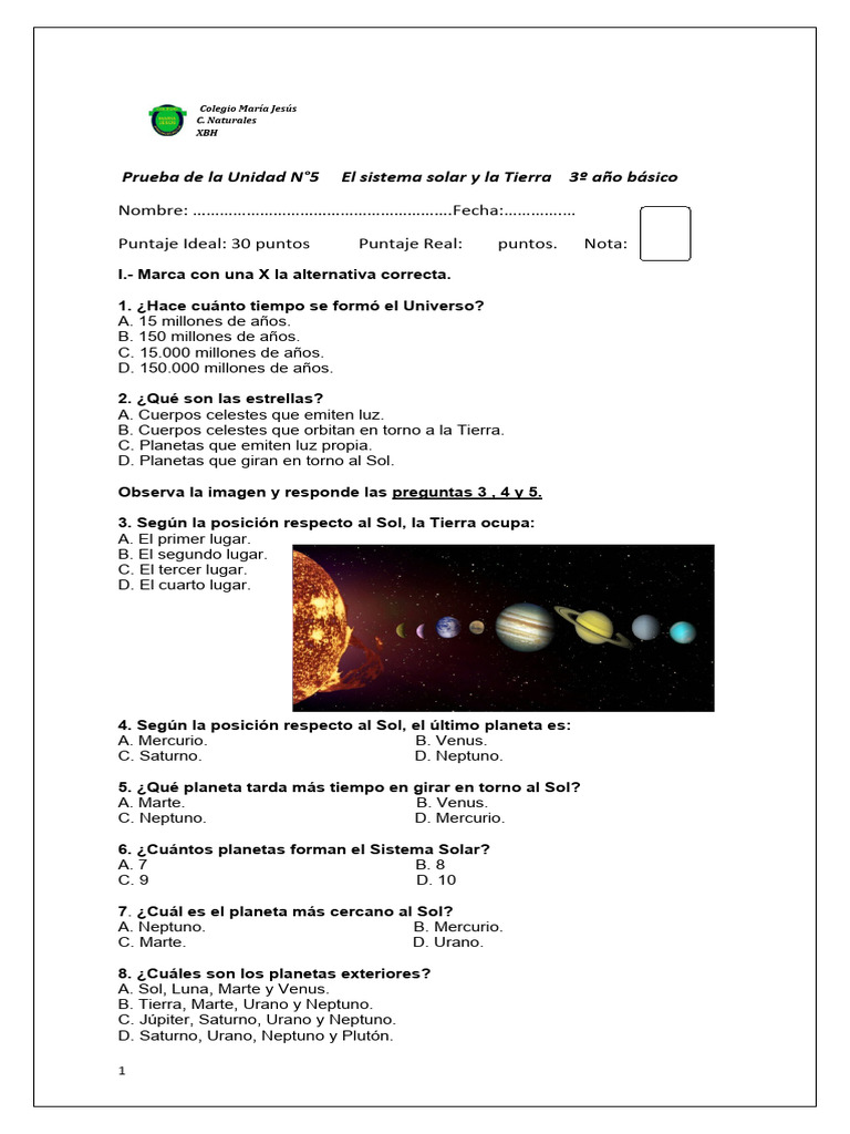 Prueba U 5 Sistema Solar 3° | PDF | Luna | Sistema solar