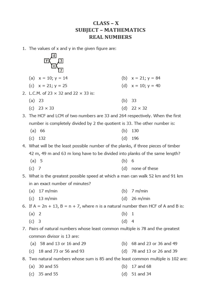 Class X Mathematics: Real Numbers Quiz | PDF | Ring Theory | Arithmetic