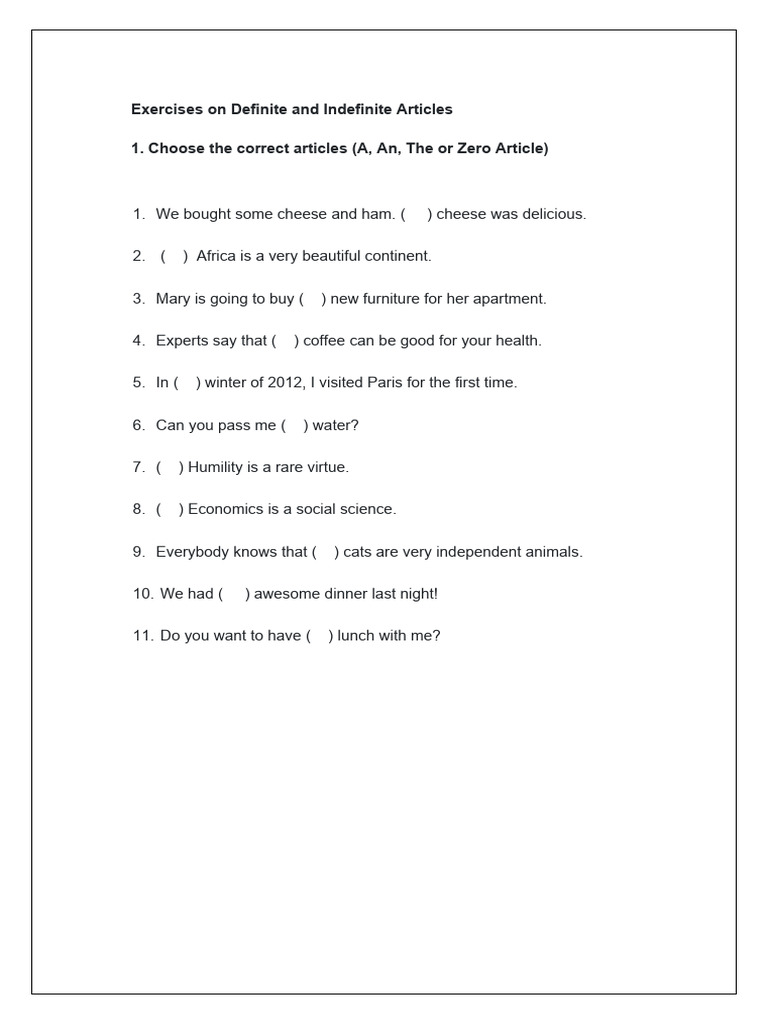 Exercises On Definite and Indefinite Articles | PDF