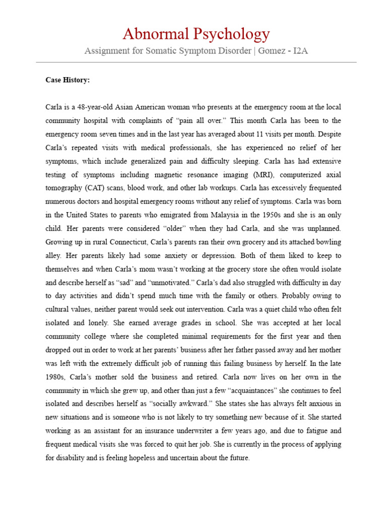 Assignment For Somatic Symptom Disorder | PDF | Anxiety | Mental Disorder