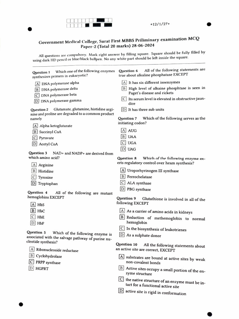 Bio Prelilm Paper 2 GMCS 2024 | PDF | Biosynthesis | Biology