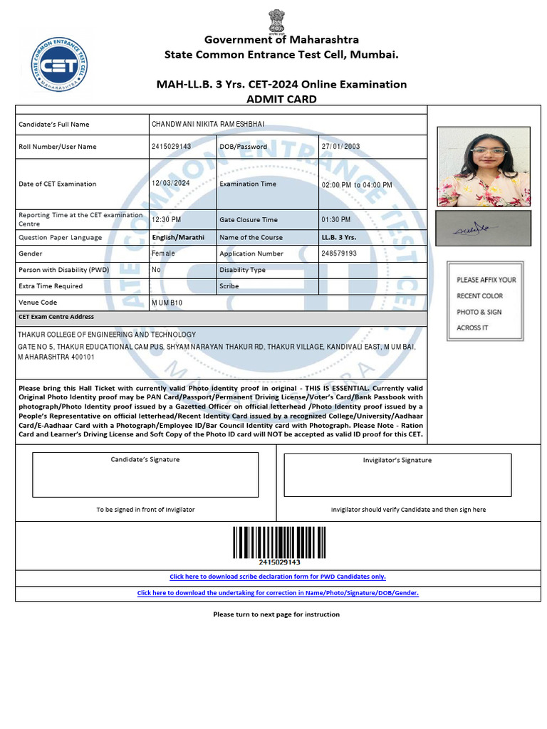 Government of Maharashtra State Common Entrance Test Cell, Mumbai. MAH ...