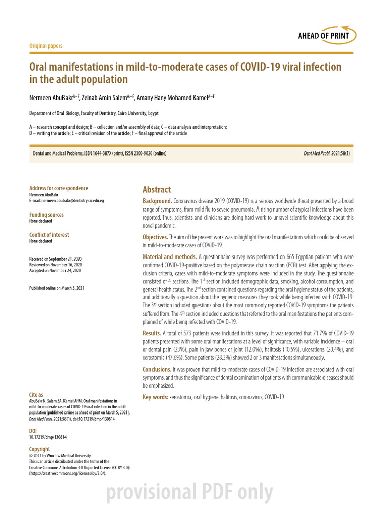 Oral Manifestations in Mild to Moderate Cases of COVID 19 Viral ...