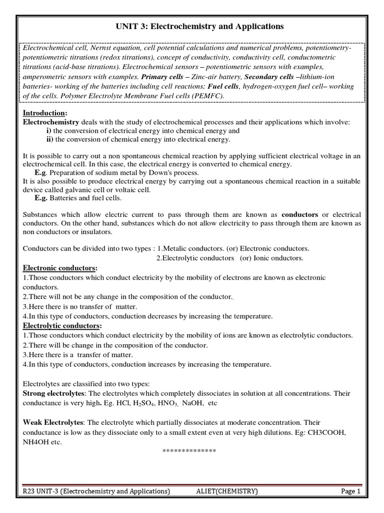 Unit-3 Electrochemistry and Applications | PDF | Electrochemistry ...