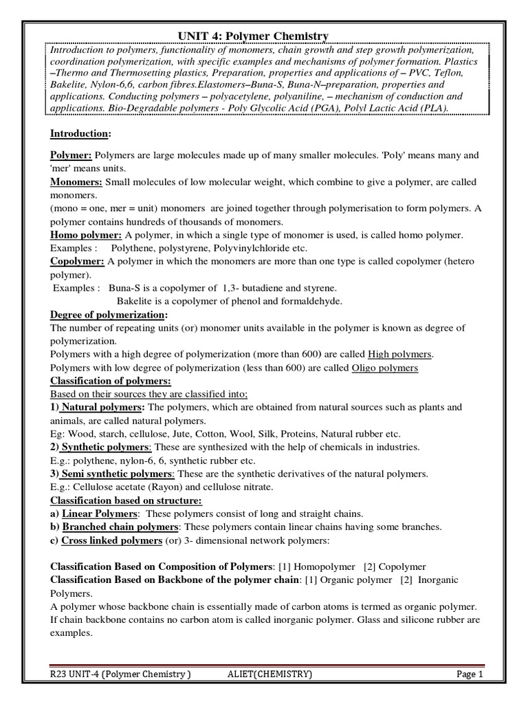 R 23 Unit-4 Polymer Chemistry | PDF | Polymerization | Polymers