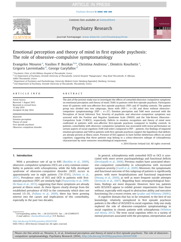 Emotional Perception and Theory of Mind in First Episode Psychosis ...