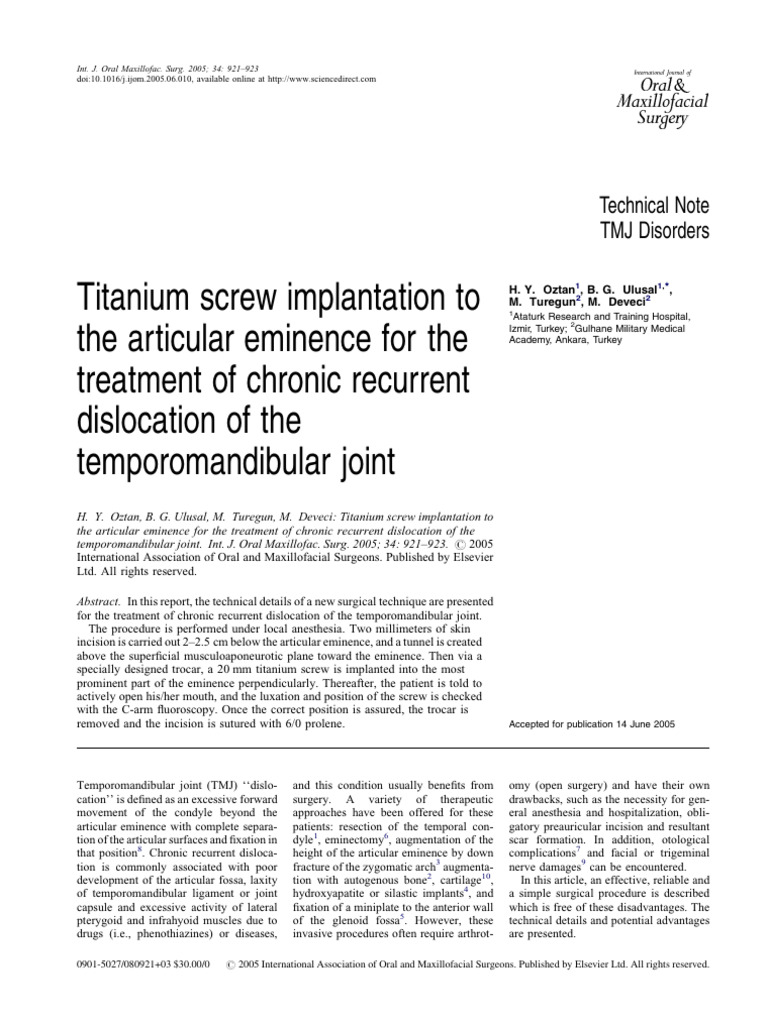 Titanium Screw Adaptation To Articular Eminence For Chronic TMJ ...