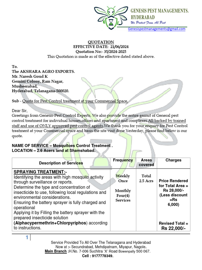 Pest Control Quotation for Mosquito Treatment | PDF | Business