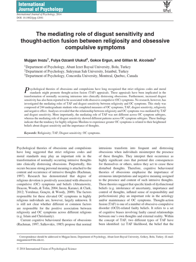 The Mediating Role of Disgust Sensitivity and | PDF | Obsessive ...