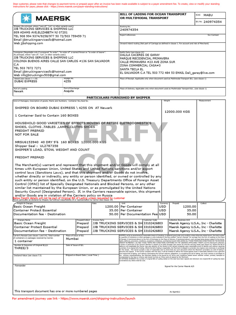BL documento de contenedor | PDF | Bill Of Lading | Cargo