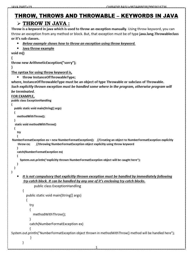 Throw Throws Throwable Key Word Pdf Class Computer Programming Method Computer Programming
