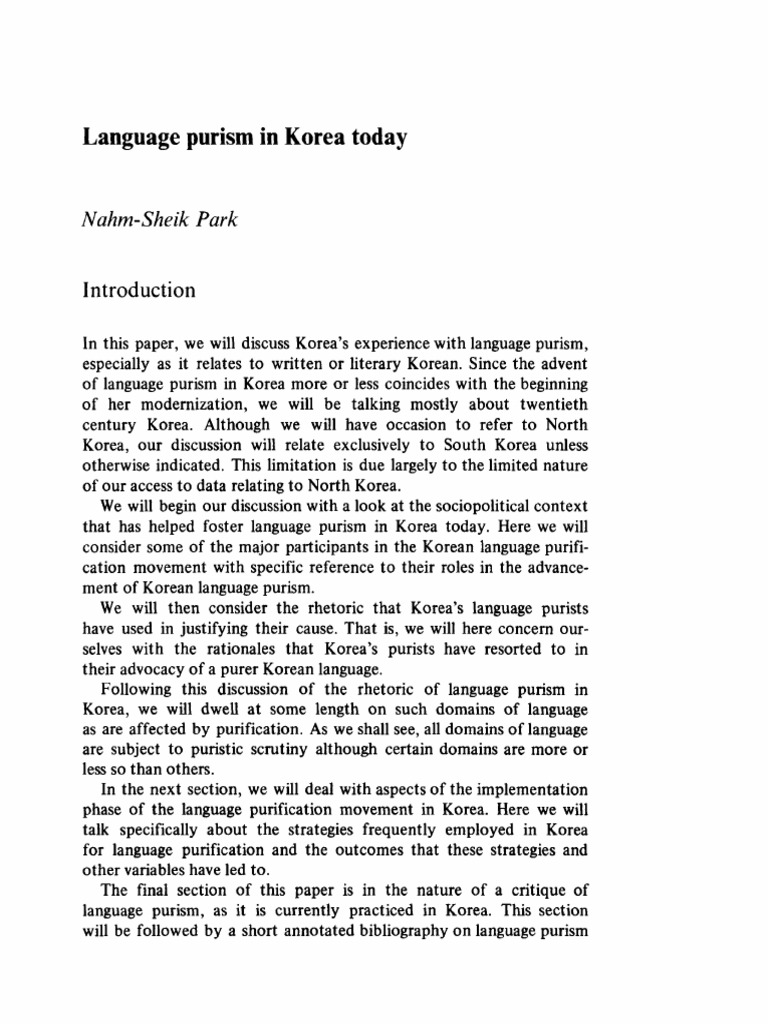 Language Purism in Korea Today: Nahm-Sheik Park | PDF | Korean Language ...