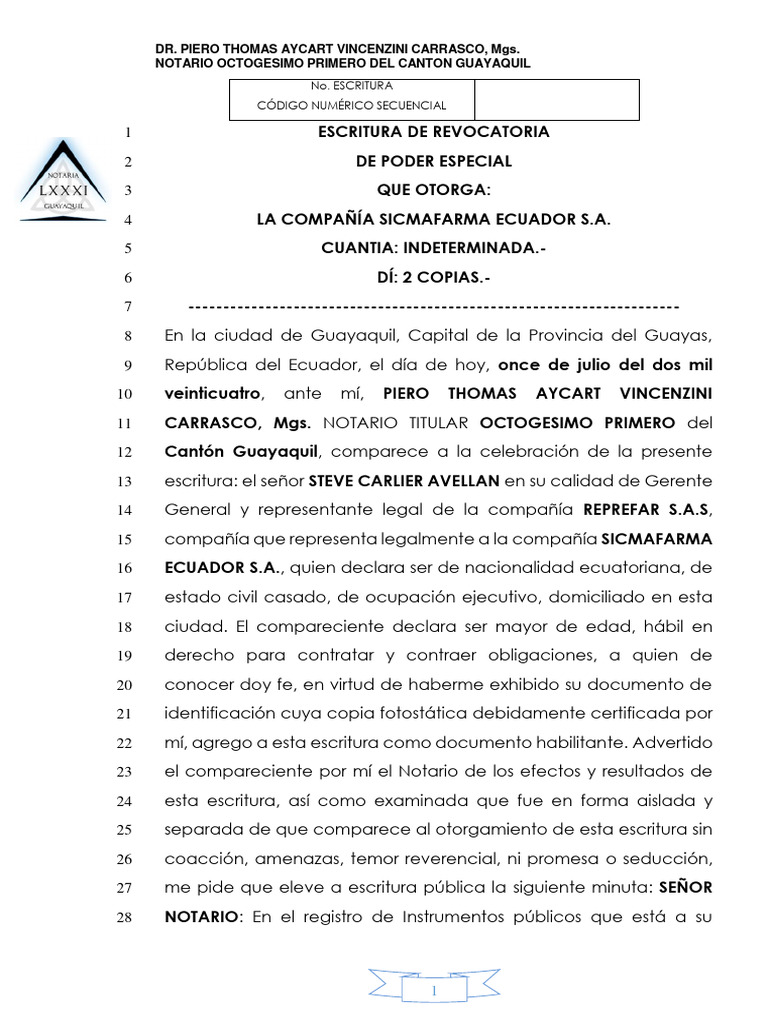 Revocatoria Poder Especial La Compañía Sicmafarma Ecuador S.A. | PDF ...