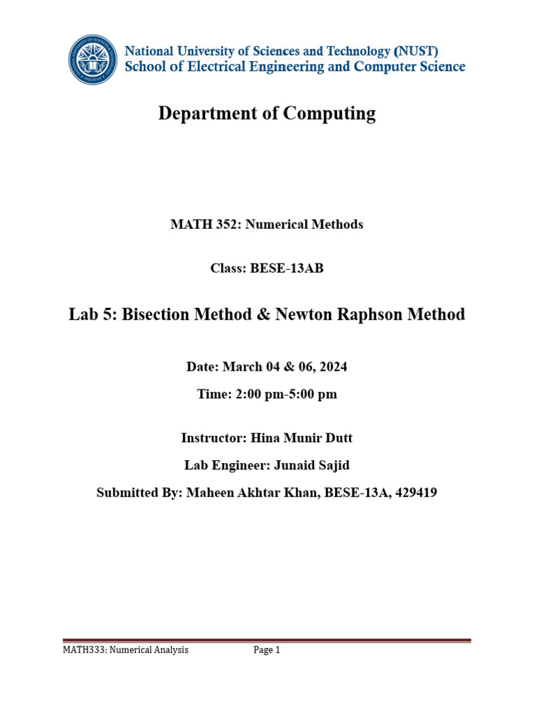 Lab 5 Bisection Method Newton Raphson Method Pdf Matlab Numerical Analysis