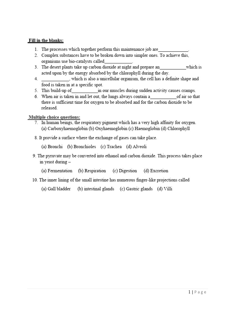 Practice Worksheet 2 Life Processes Class X | PDF | Respiratory System ...