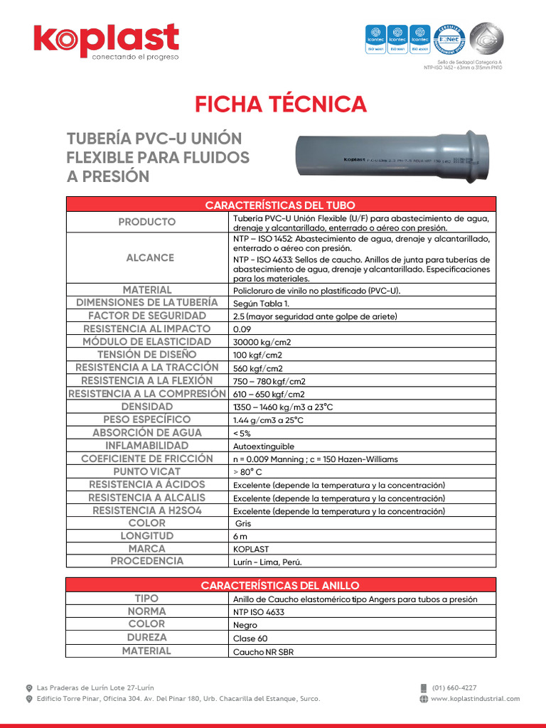 FICHA TÉCNICA TUBERIA PVC-U FLUIDOS A PRESIÓN - NTP ISO 1452 (1) | PDF