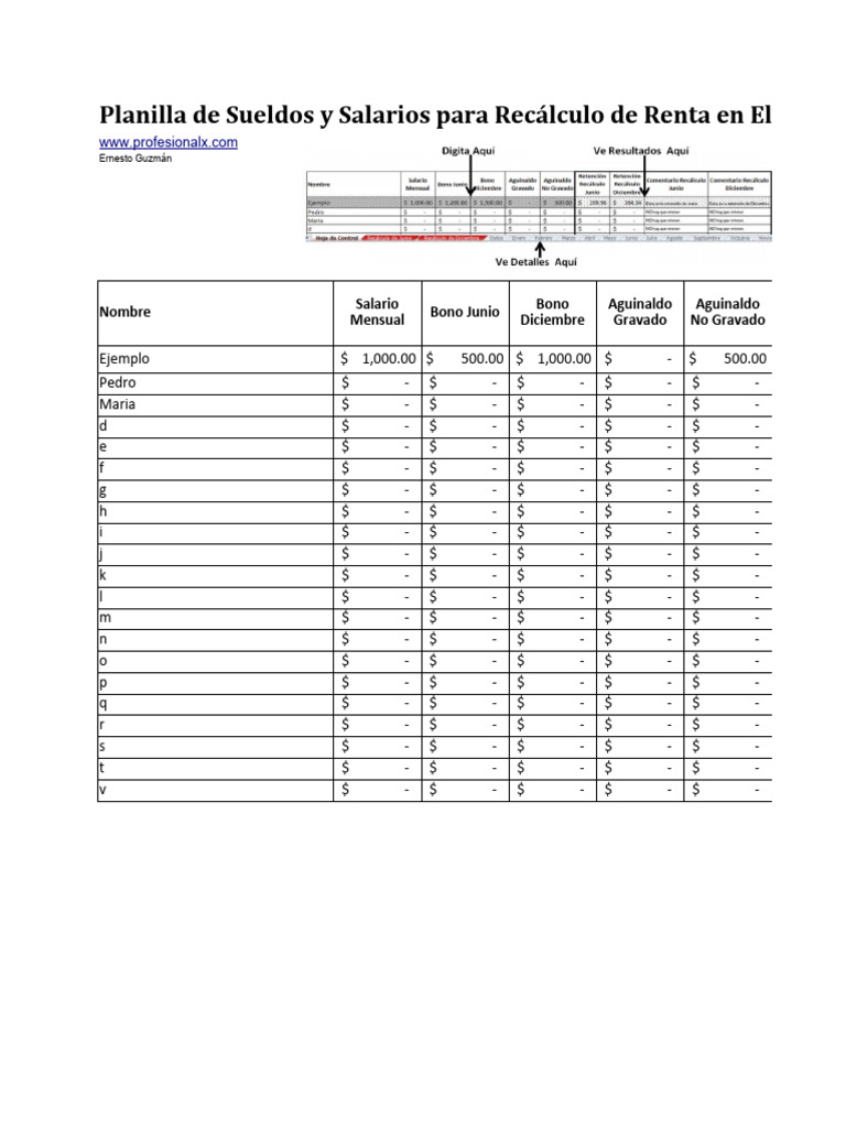 Planilla de Sueldos y Salarios para Recalculo de Renta en El Salvador ...