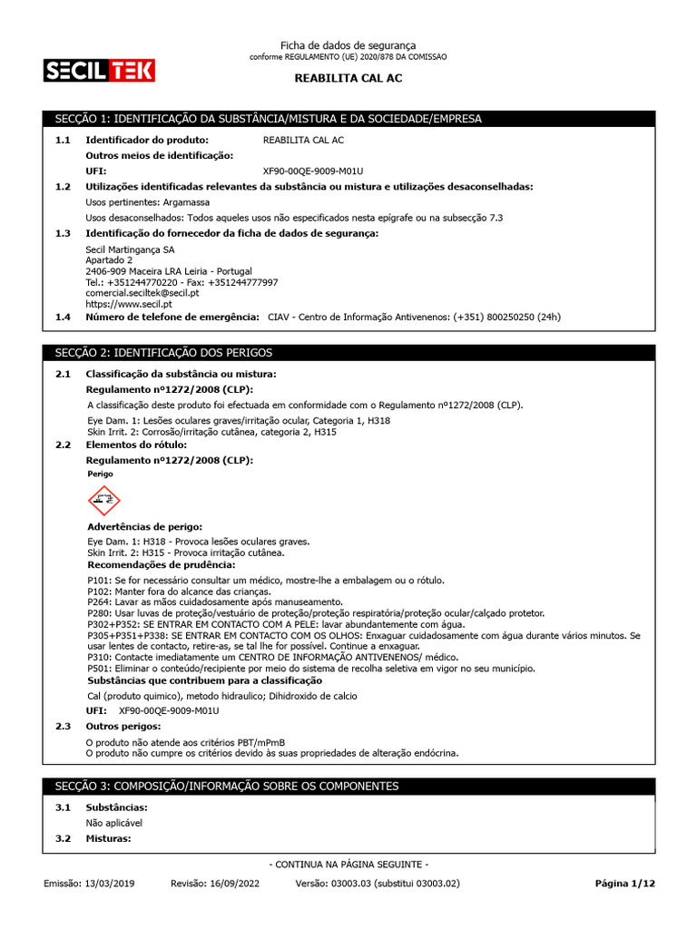 PT Ficha de Dados de Segurança - REABILITA CAL AC - FDS.03003.03 | PDF ...