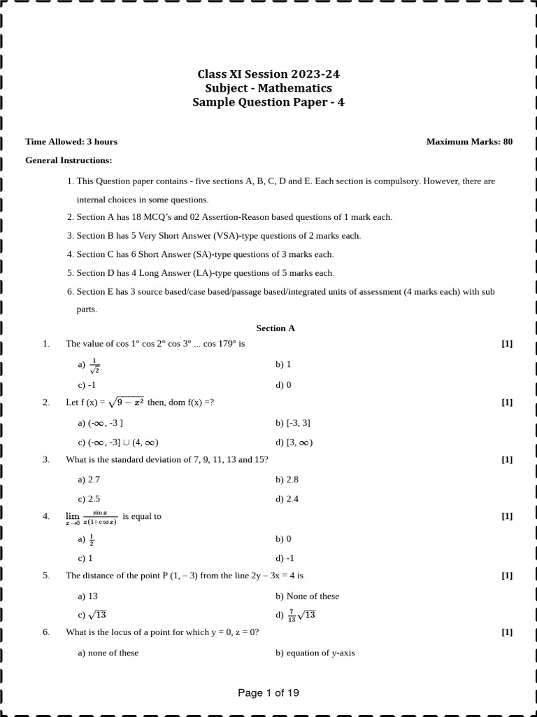 Class XI Session 2023-24 Subject - Mathematics Sample Question Paper - 4 | PDF | Mathematics