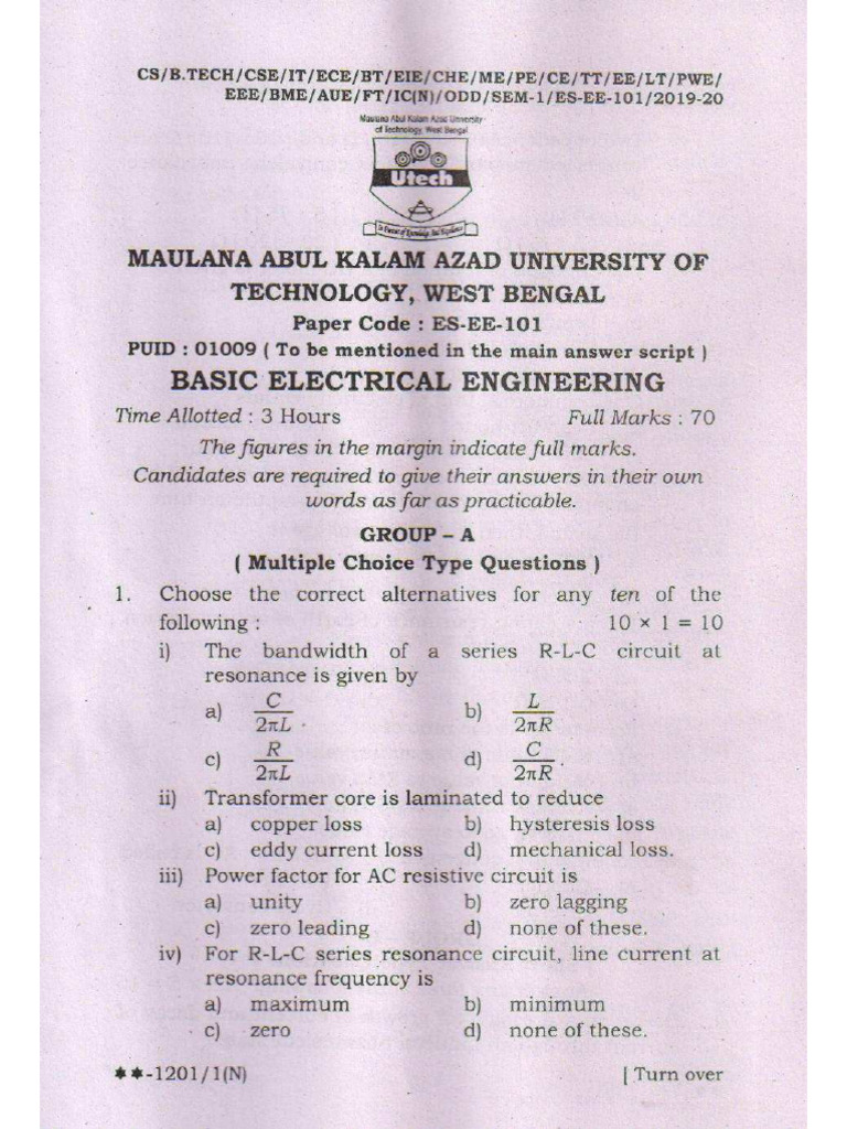 Basic Electrical Engineering (ES-EE-101) - 2019 | PDF