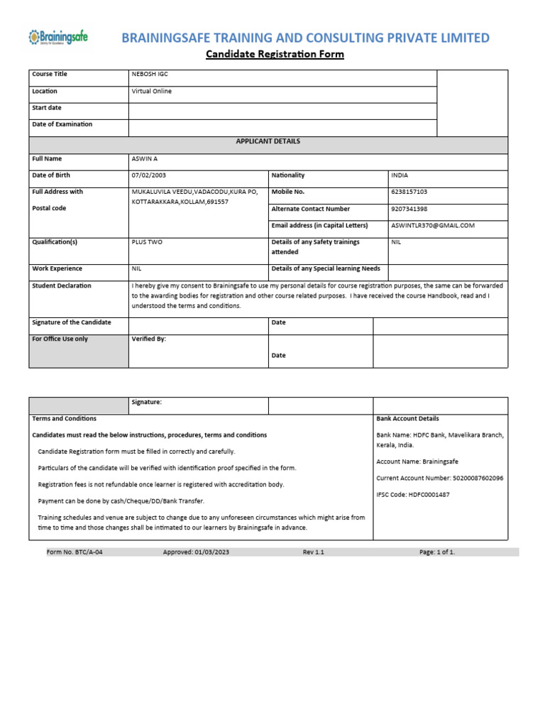BTC Candidate Registration Form 2024-1 | PDF