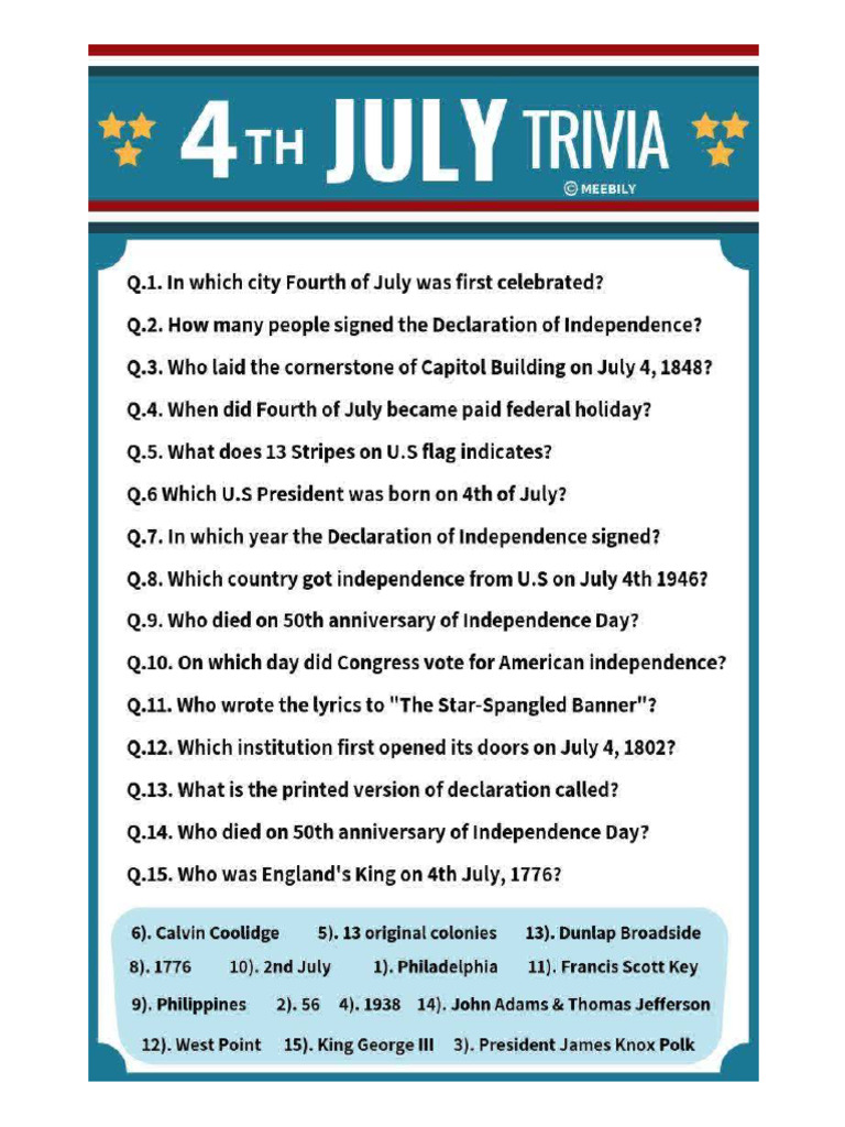 4th of July Trivia Questions Answers Worksheet | PDF