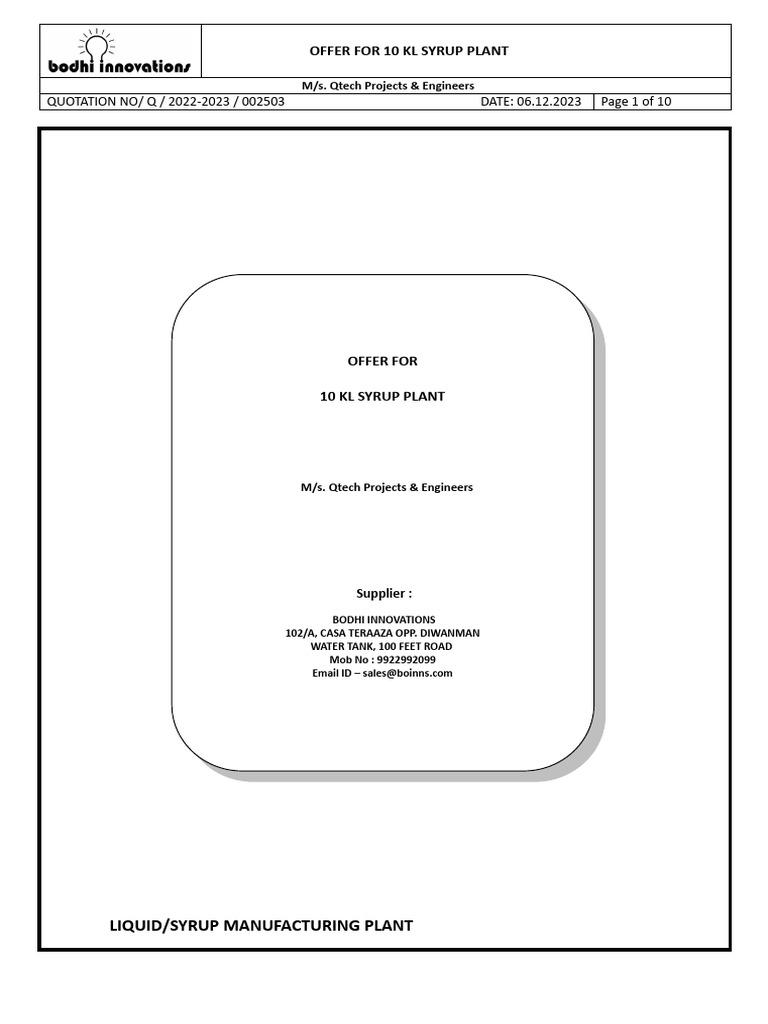 Offer For 10 KL Syrup Plant - Yash Pharma | PDF | Pump | Valve