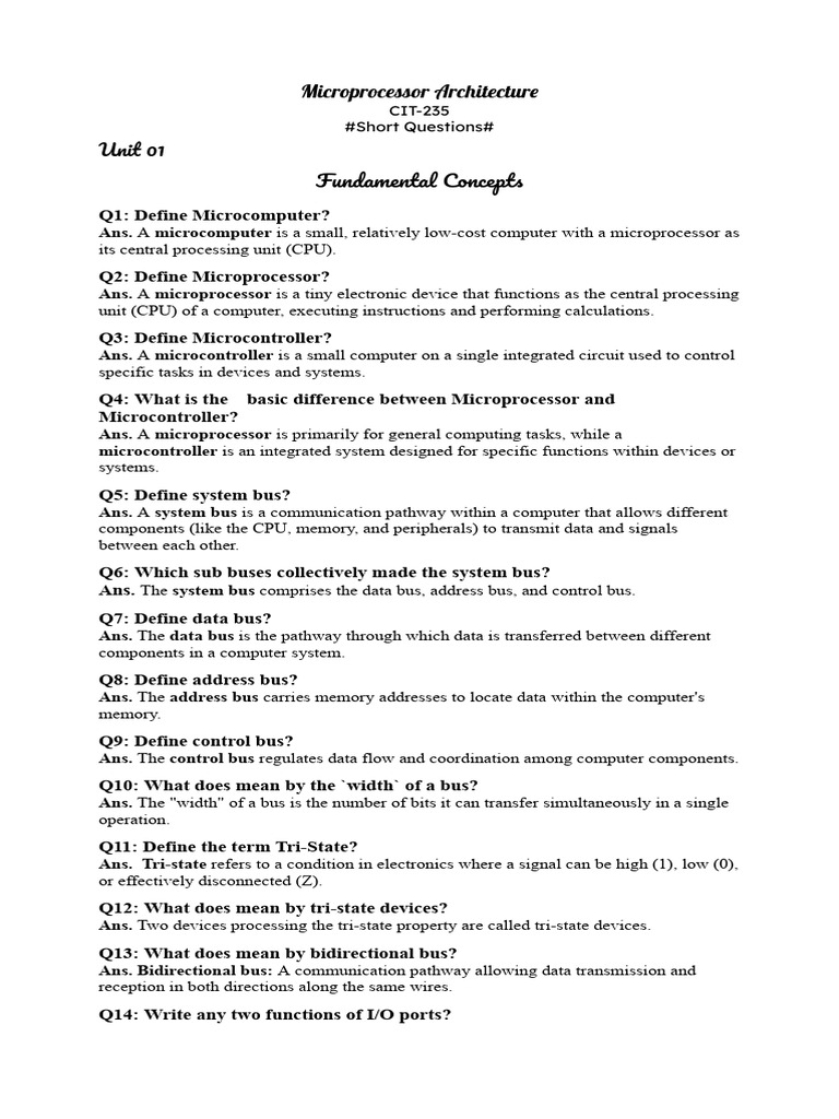 Micro-Processor Architecture Short Question Unit 01 To 04-06-08 | PDF | Central Processing Unit ...