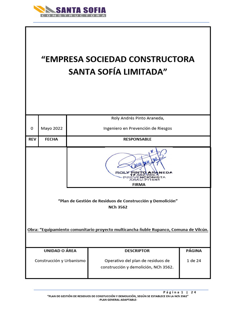 "Empresa Sociedad Constructora Santa Sofía Limitada": Roly Andrés Pinto Araneda, Ingeniero en ...