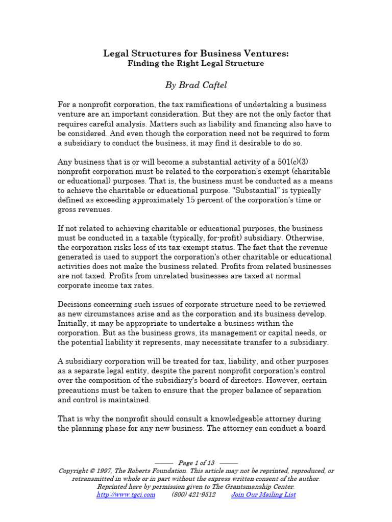 Legal Structures For Business Ventures - 1 | PDF | Nonprofit ...