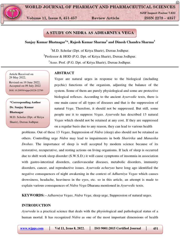 A Study On Nidra As Adharniya Vega: Sanjay Kumar Bhatnagar, Rajesh Kumar Sharma and Dinesh ...